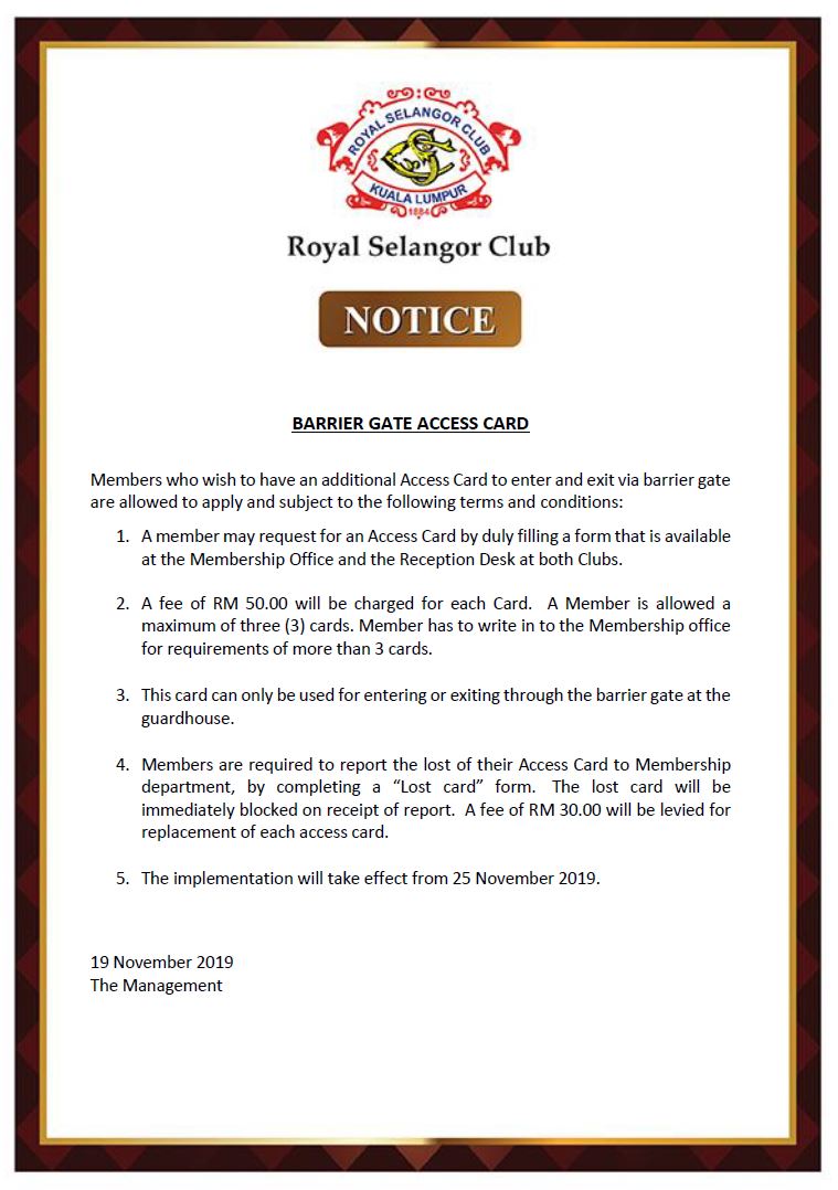 Notice of Barrier Gate Access Card | Royal Selangor Club